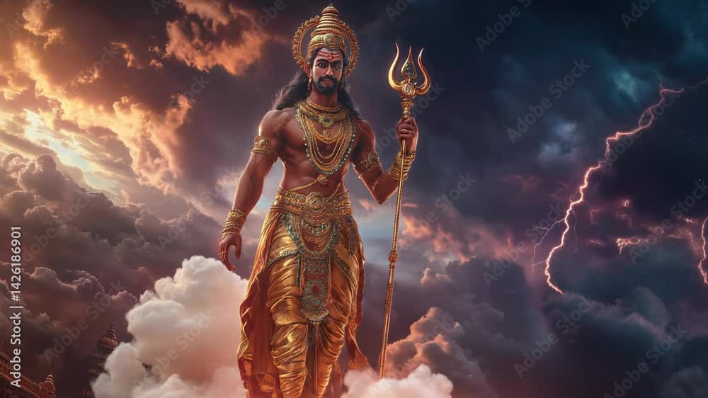 Majestic lord indra hindu god of thunder and rain on a celestial cloud ...