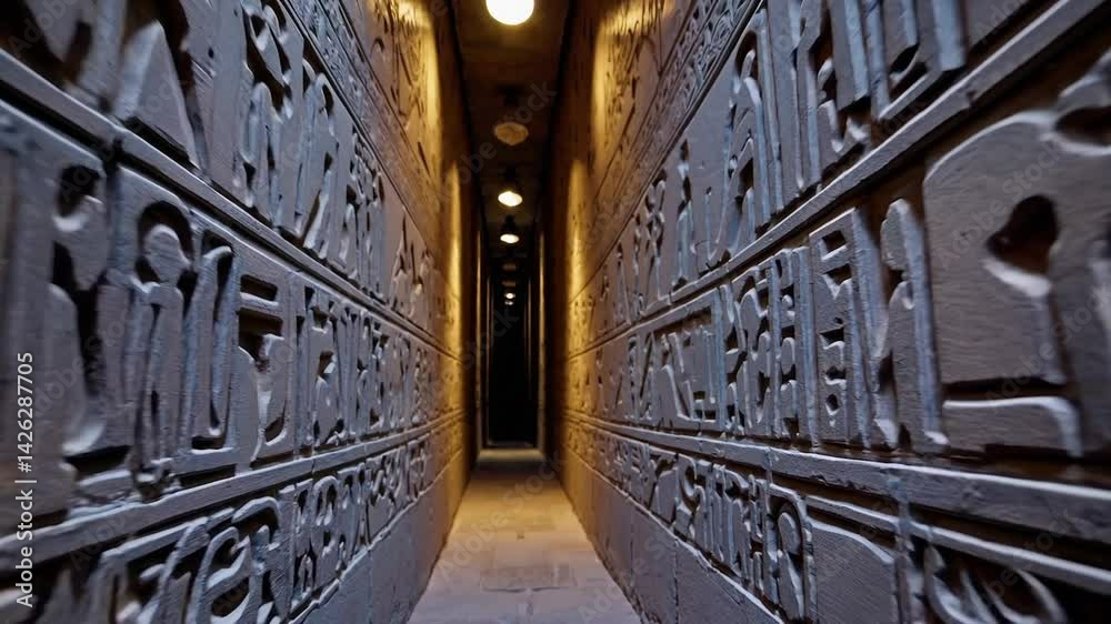 CGI of an ancient Egyptian tomb with narrow passageways and ...