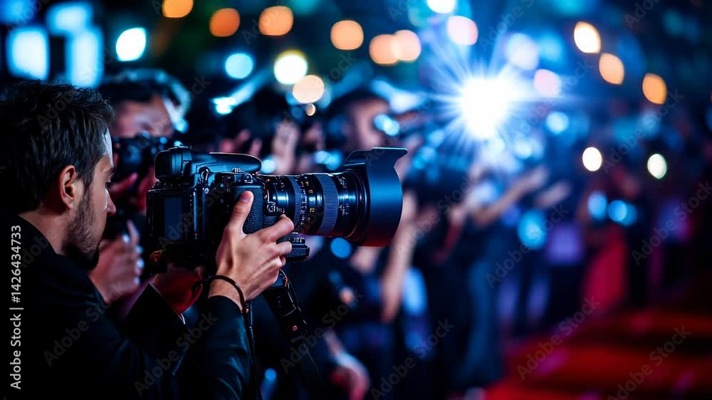 Paparazzi with professional cameras captures moment as bright flashes ...