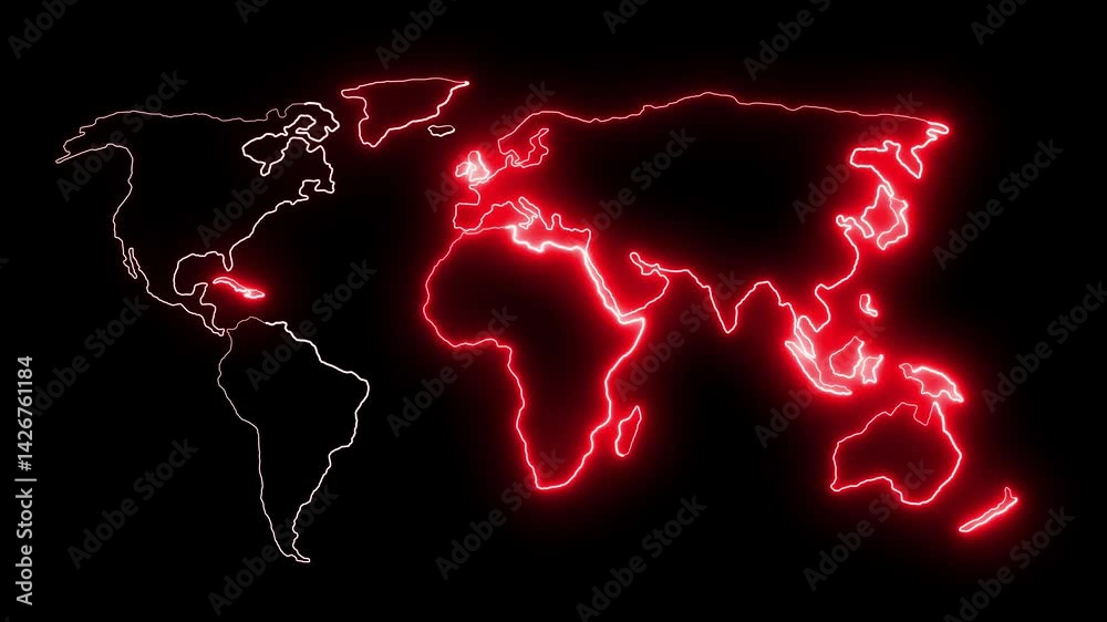 Neon glowing cyan world map icon animation in black background, neon ...