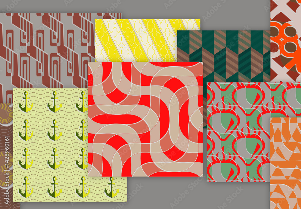 Seamless Pattern Set with Geometric Shapes and 3D Shadow Effect Muted ...
