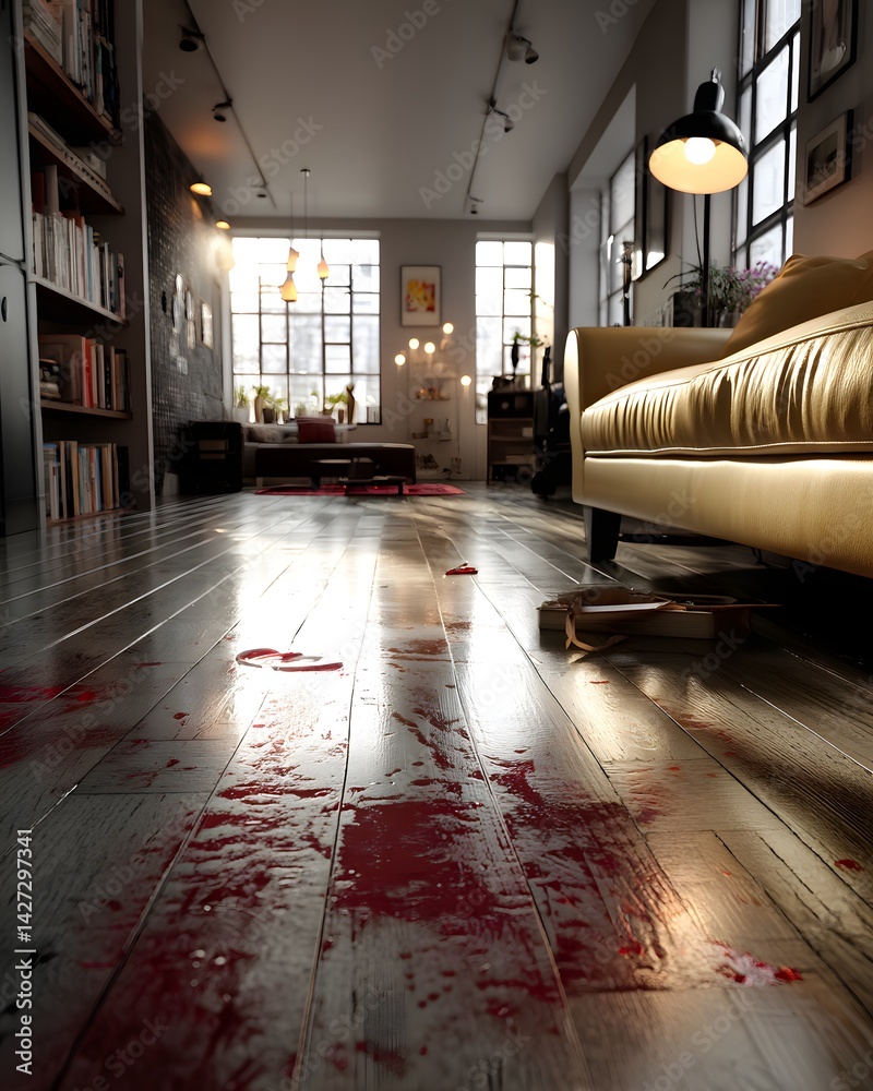ภาพประกอบสต็อก A meticulously staged crime scene in a modern city ...