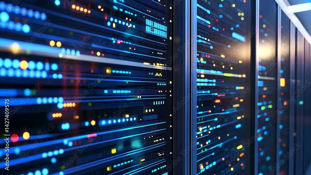 Modern server room activity with IT staff, blinking lights, secure systems, and high-speed data ...