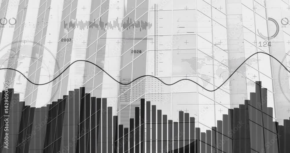 Data visualization showing bar chart, line graph overlaying grid facade, with gauge and map ...