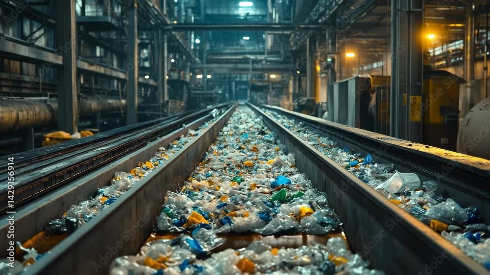 A gritty industrial scene shows a conveyor carrying mixed plastic waste ...