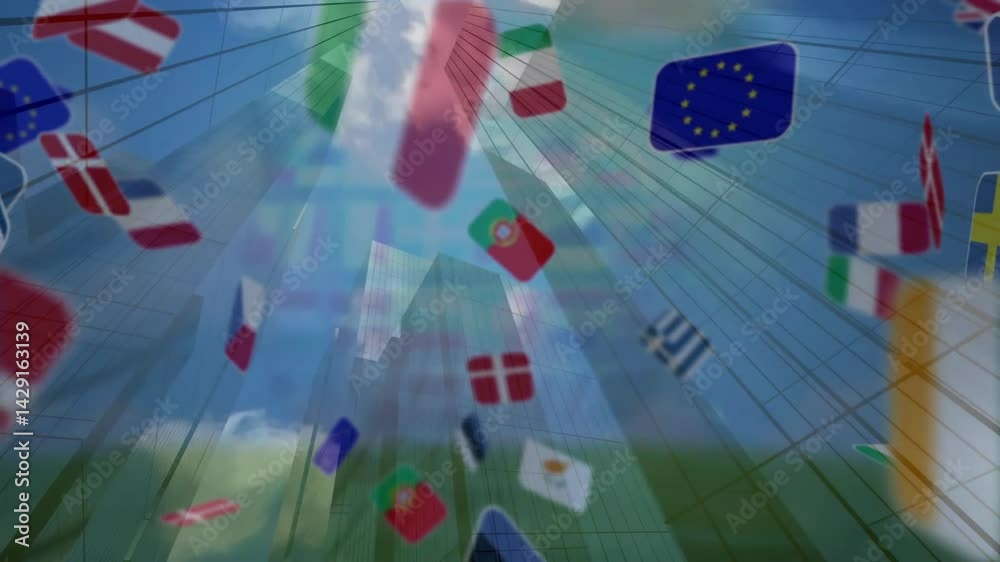 Video „Floating EU flag icons tumbling around 3D grid tower, creating ...