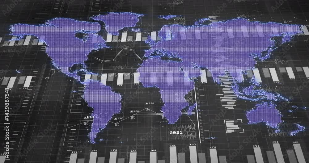 Showing purple dot-matrix world map with shifting bar charts and line ...