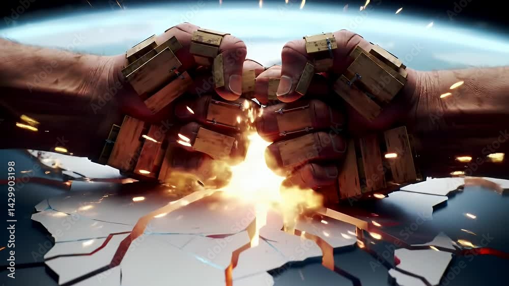 Visual Symbolism of Trade War Two Fists Face Off Over A World Map ...