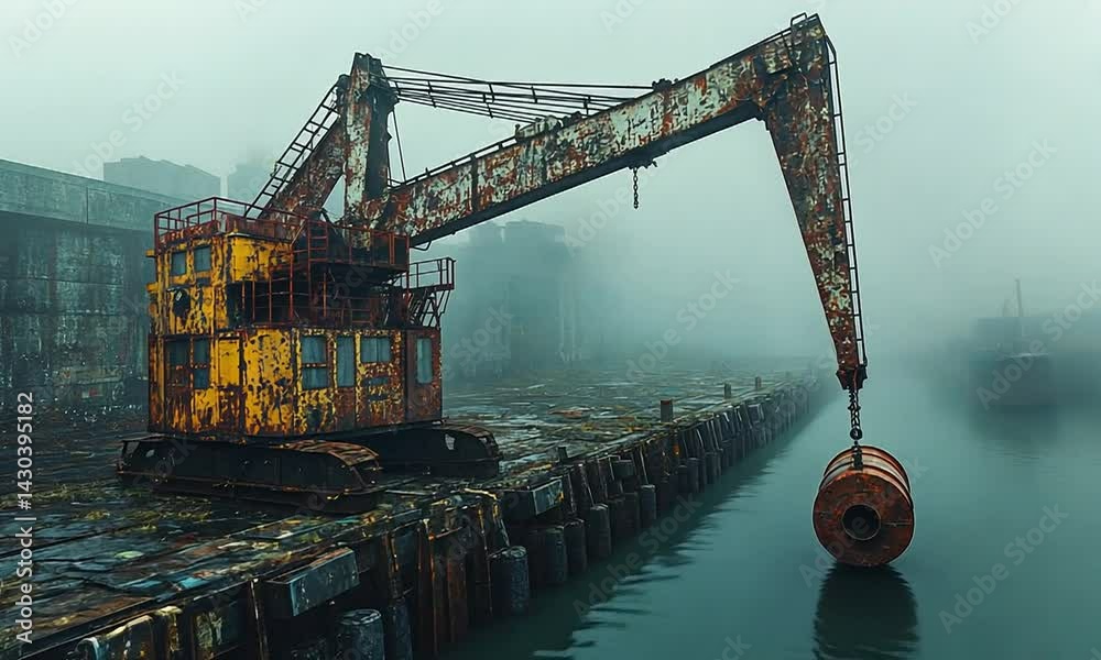 Rusty crane at a foggy harbor, lifting a buoy, surrounded by mist and abandoned structures Stock ...
