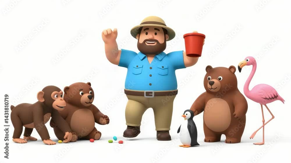 Cartoon park ranger guiding bears in forest conservation animated scene ...