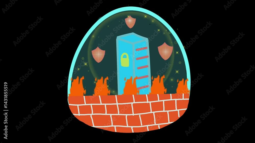 cartoon animated secure server with lock behind firewall and shields ...