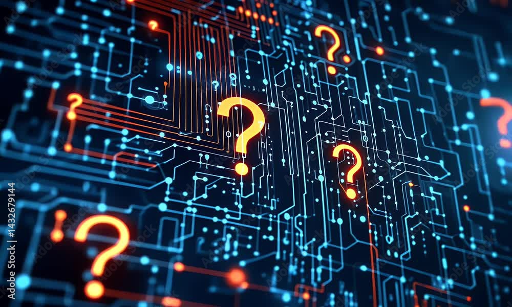 Digital question marks floating in the air on a digital background, an AI and technology concept ...