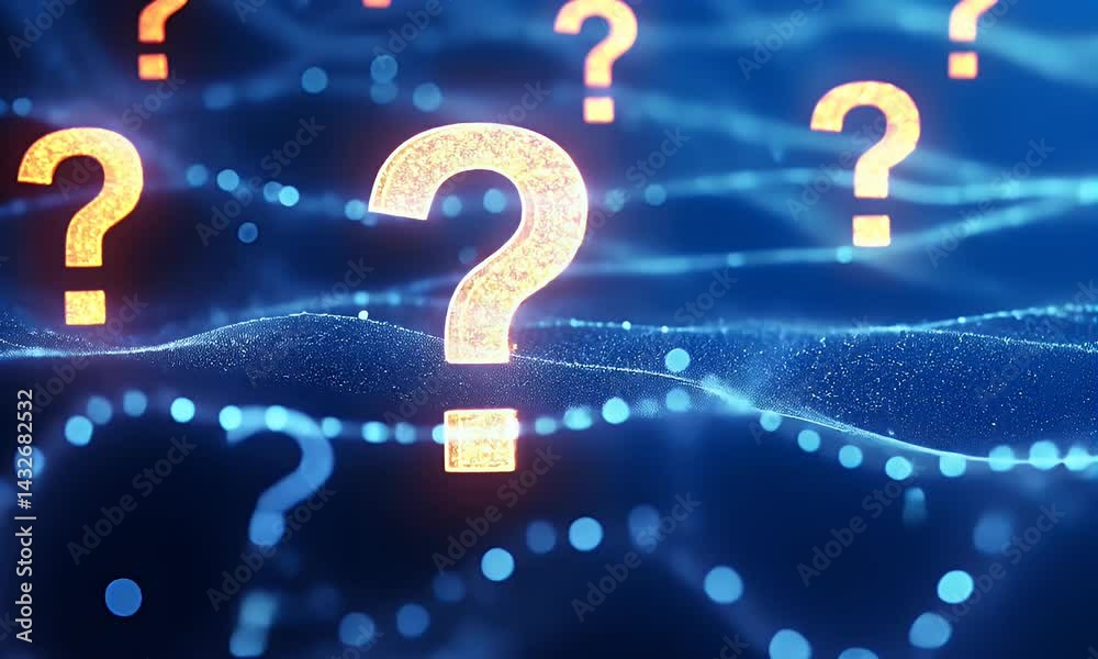Digital question marks floating in the air on a digital background, an AI and technology concept ...