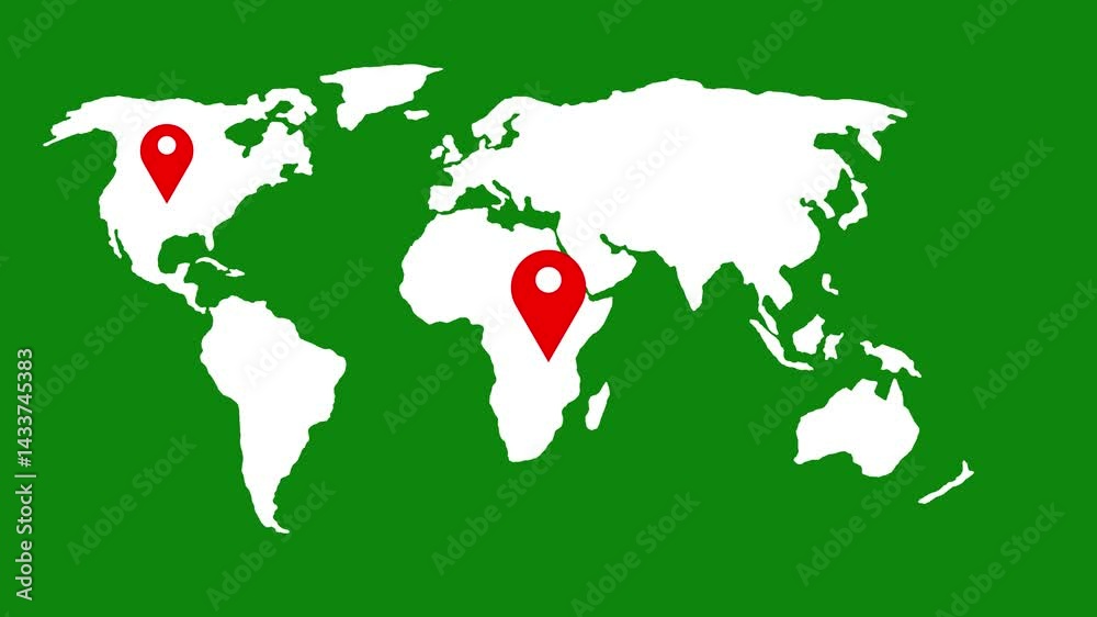 World map travel route location animation on green background, world ...