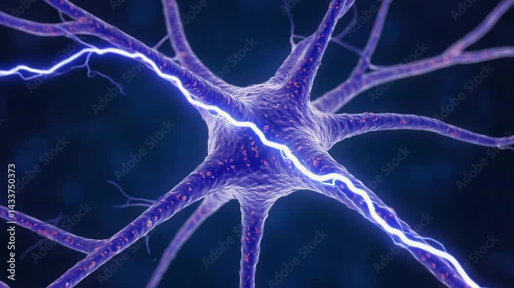 Neuron Firing: Microscopic view of a neuron firing, with electrical impulses depicted as bright ...