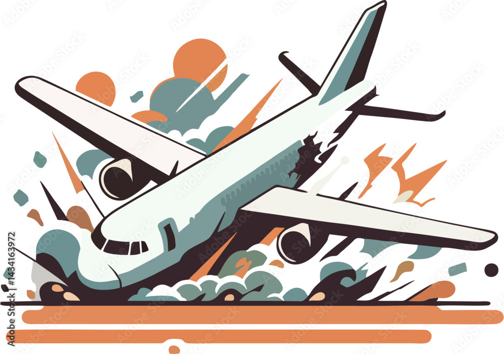 Poster Stylized Vector Illustration of Passenger Plane Crash Impact ...