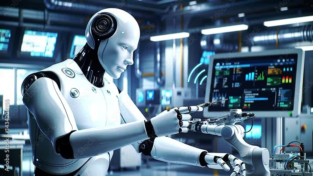 Realistic humanoid robot functioning as a technician in a robotics ...