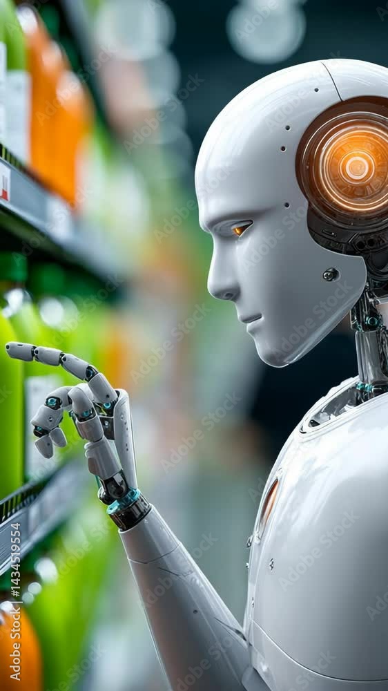 Futuristic humanoid robot scans grocery shelves, selecting items ...