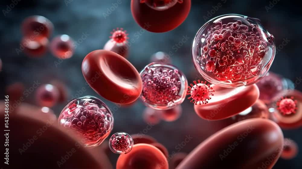 Red blood cells with floating virus particles in body stream, oxygen ...