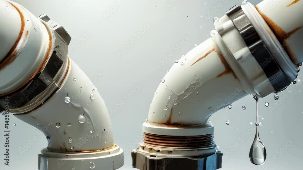 video of Front-facing image of PVC pipes and an elbow joint leaking ...