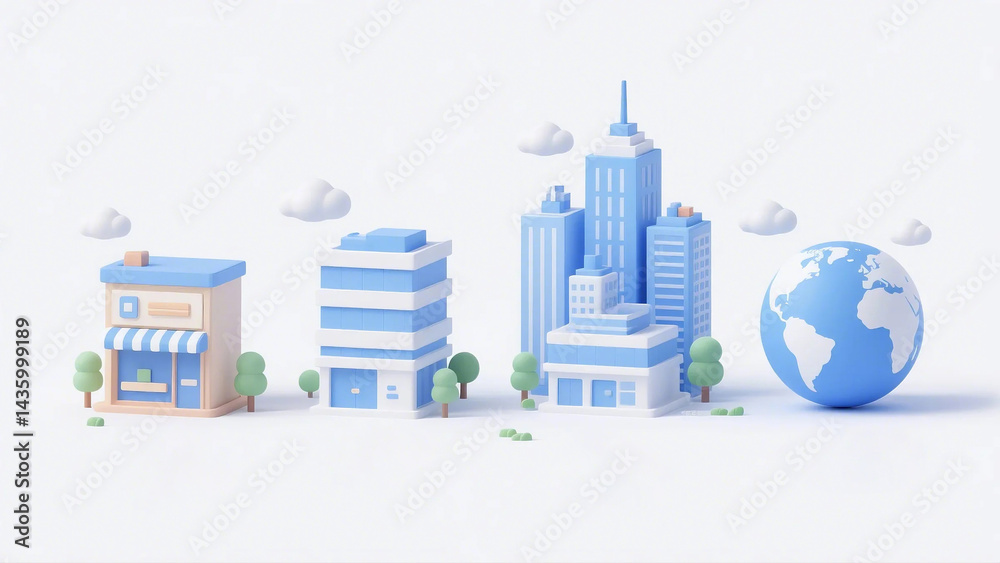 Illustration of company sizes from small business to global corporation ...