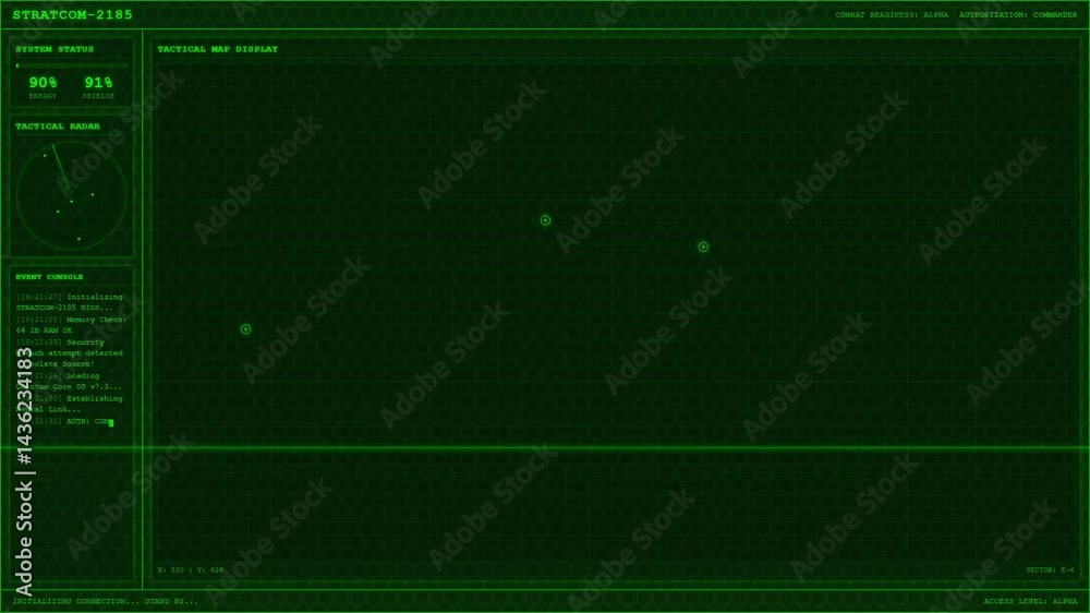 Futuristic strategic command interface. Animated green screen shows a ...