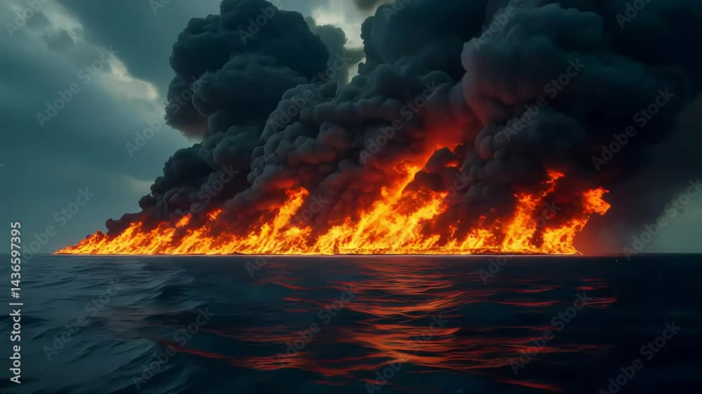 Oil burning on the ocean surface, illustrating the catastrophic impact ...