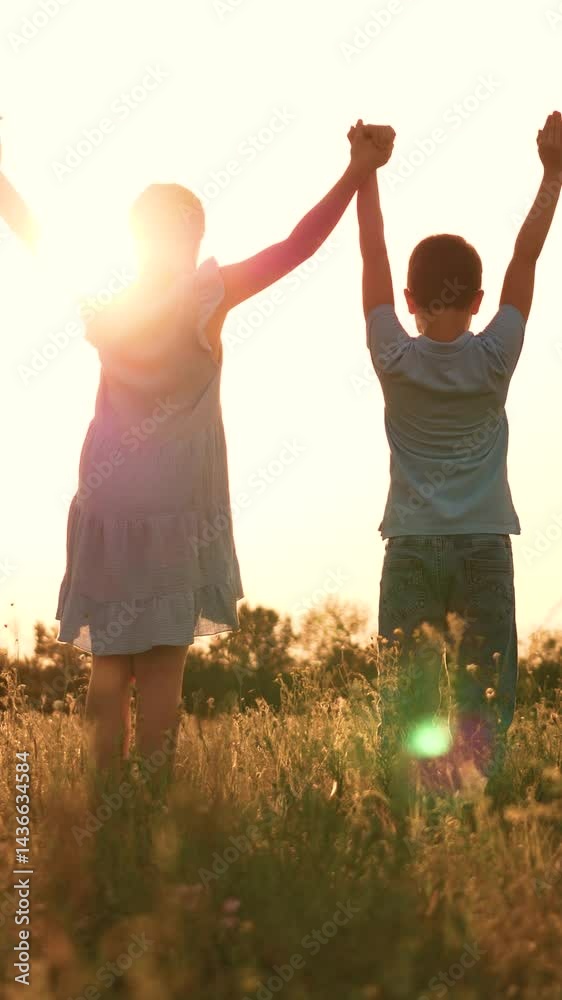 child kid boy girl schoolchildren raise their hand sunset, child kid ...
