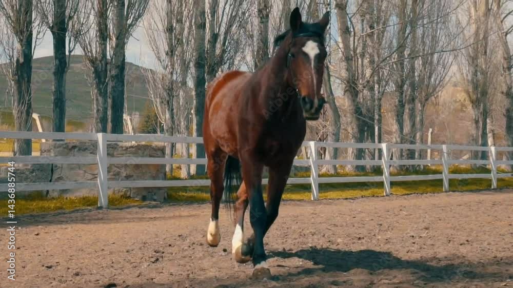 Brown horse stands gracefully in a paddock surrounded by sparse winter ...