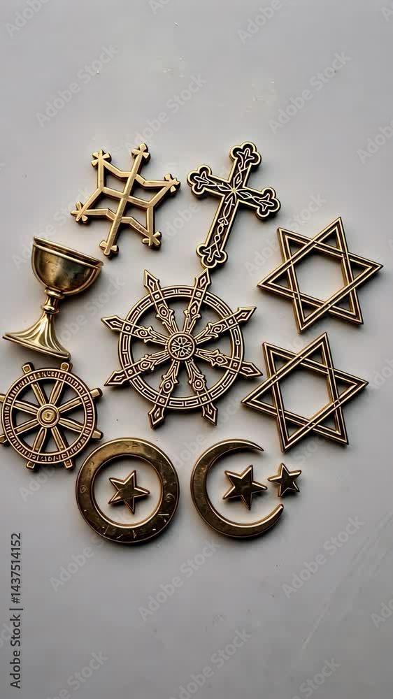 Golden religious symbols representing major world religions, judaism ...