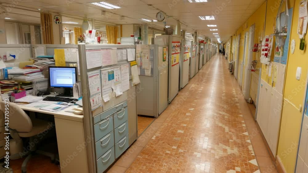 Long hospital corridor with patient rooms, office cubicles, computer ...