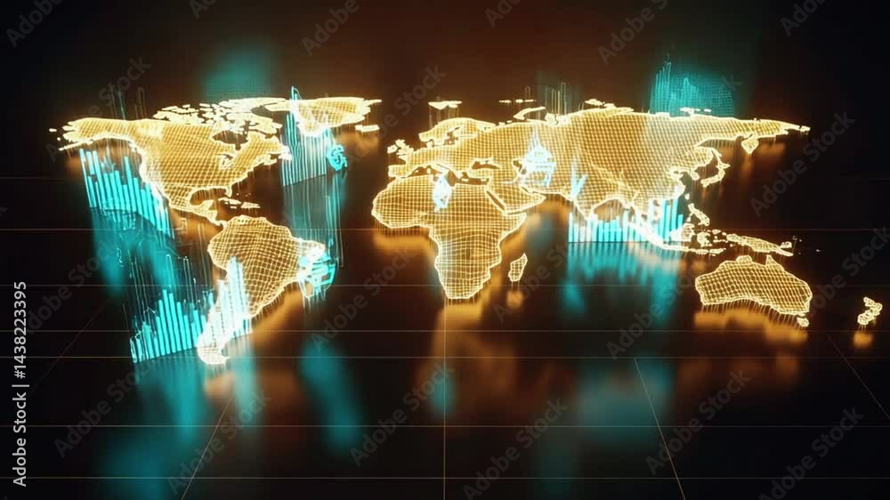 Wideo Stock: 3D cinematic world map golden wireframes, neon financial ...