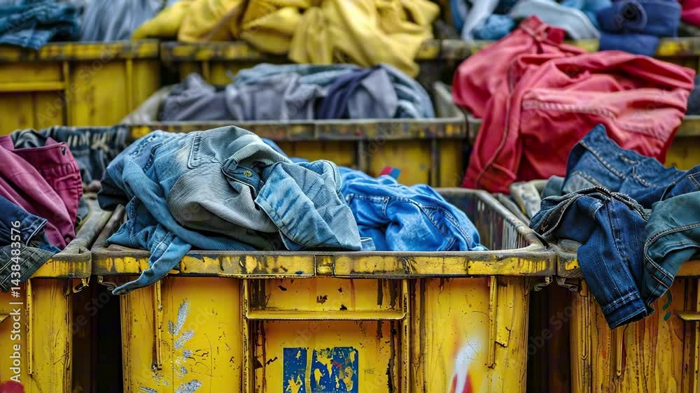 Overflowing yellow bins filled with used clothing in recycling center ...