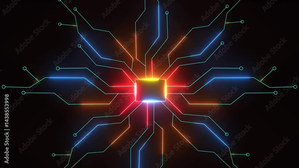 Animated cpu circuit neon animation. Processor chip animated icon glow ...