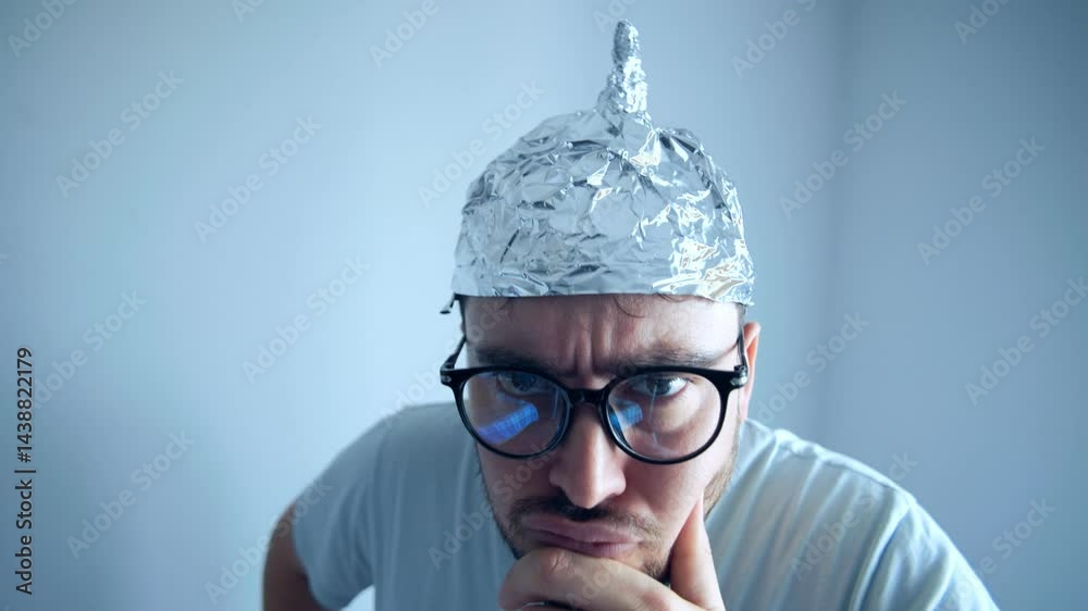 Man wearing a tinfoil hat shows disbelief and concern over conspiracy ...