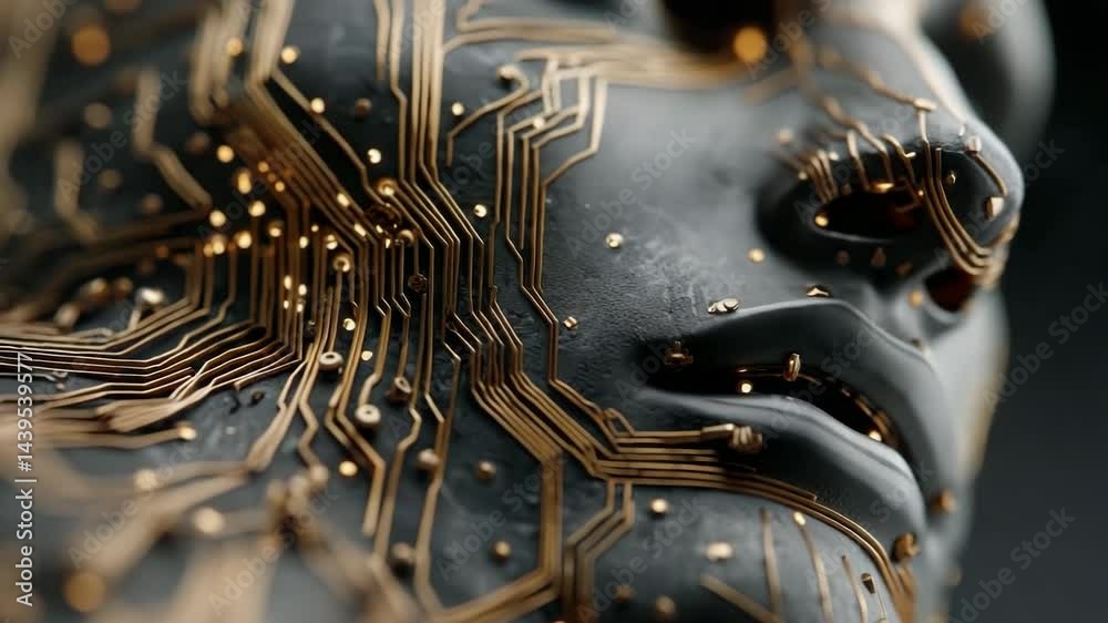Futuristic human face with gold circuit lines, technology and ...
