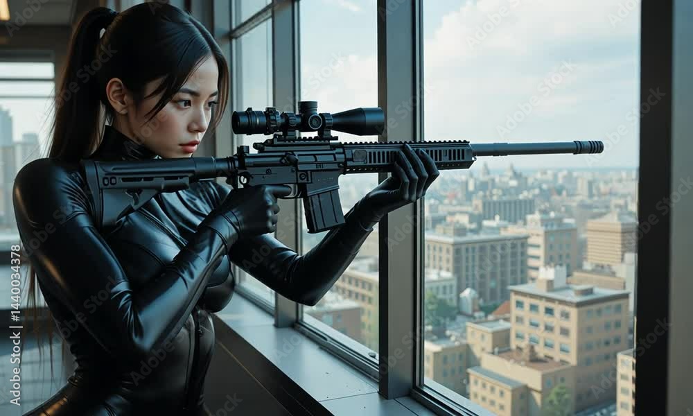 Focused young asian woman in black tactical outfit aiming sniper rifle ...