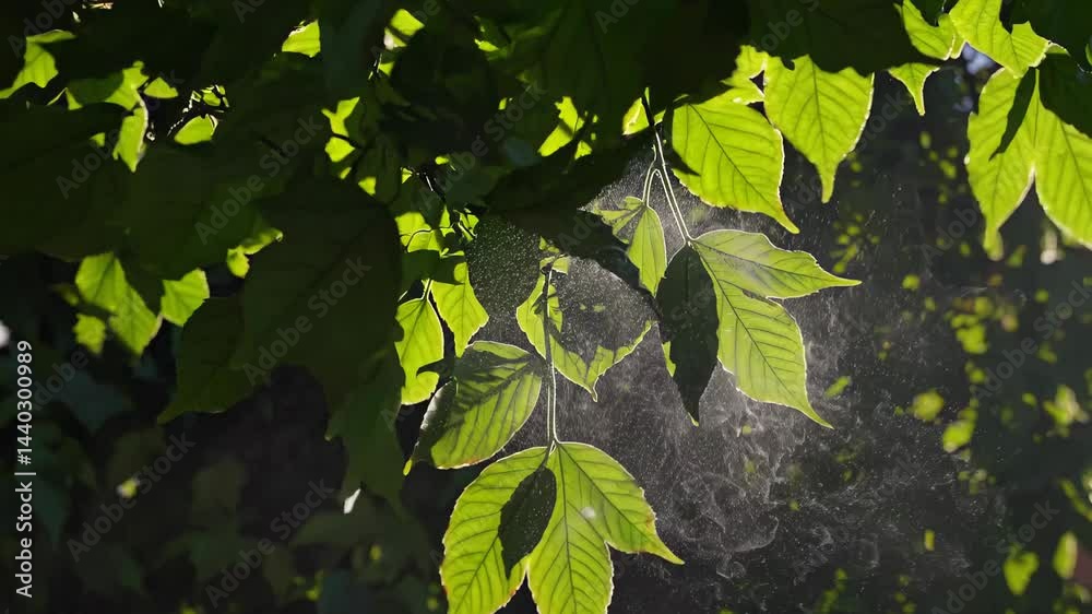 Sunlight filtering through ash tree leaves (Fraxinus), casting delicate ...