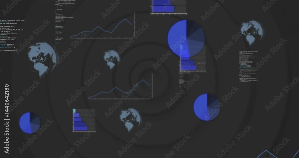 Composite flat dashboard being animated in scene, with blue pie charts ...