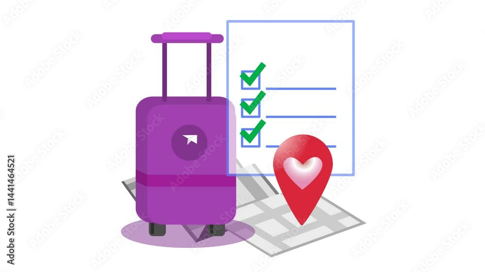 Suitcase and itinerary travel checklist in cartoon animation. Vacation ...