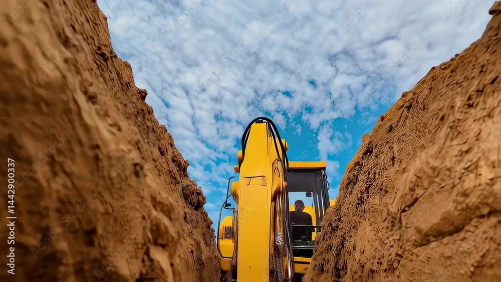 Yellow excavator positioned between steep sandy walls, operating in ...