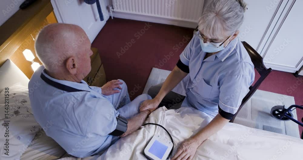 Old man with nurse, medical and blood pressure check with machine ...