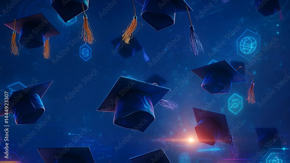 Flying Graduation Caps with Futuristic Digital Icons Representing ...