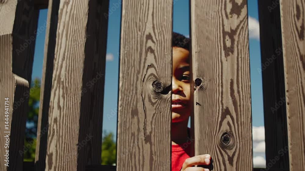 Curious child peering between wooden fence slats, eyes wide with wonder ...