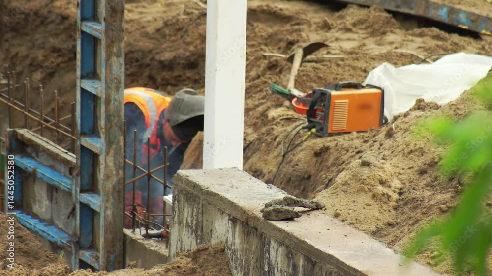 A male welder welds metal parts at a construction site using a ...