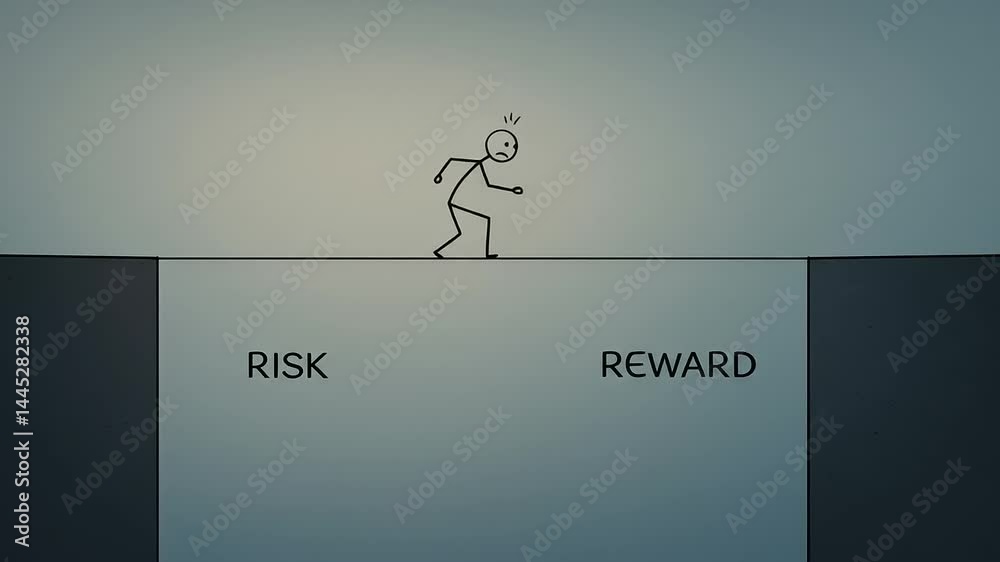 A stick figure cautiously navigating a narrow path labeled 'Risk' and ...