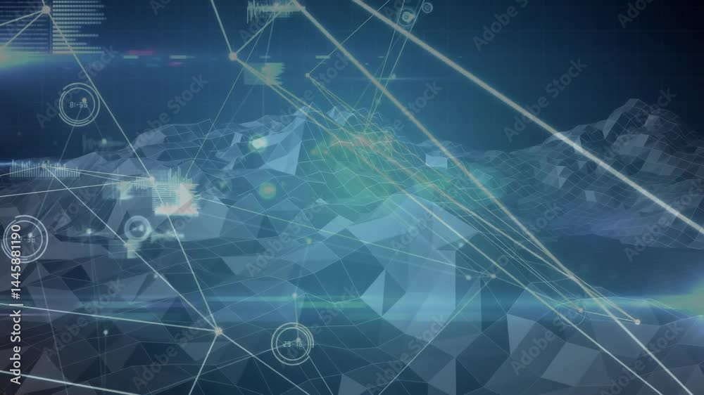 3D low-poly mesh terrain shifting under glowing network lines, bar ...