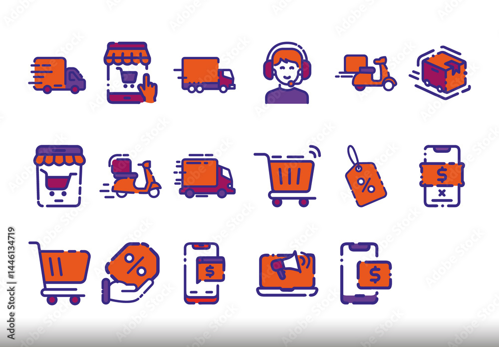 Violet And Orange E Commerce Delivery Icons Set Stock Template | Adobe ...