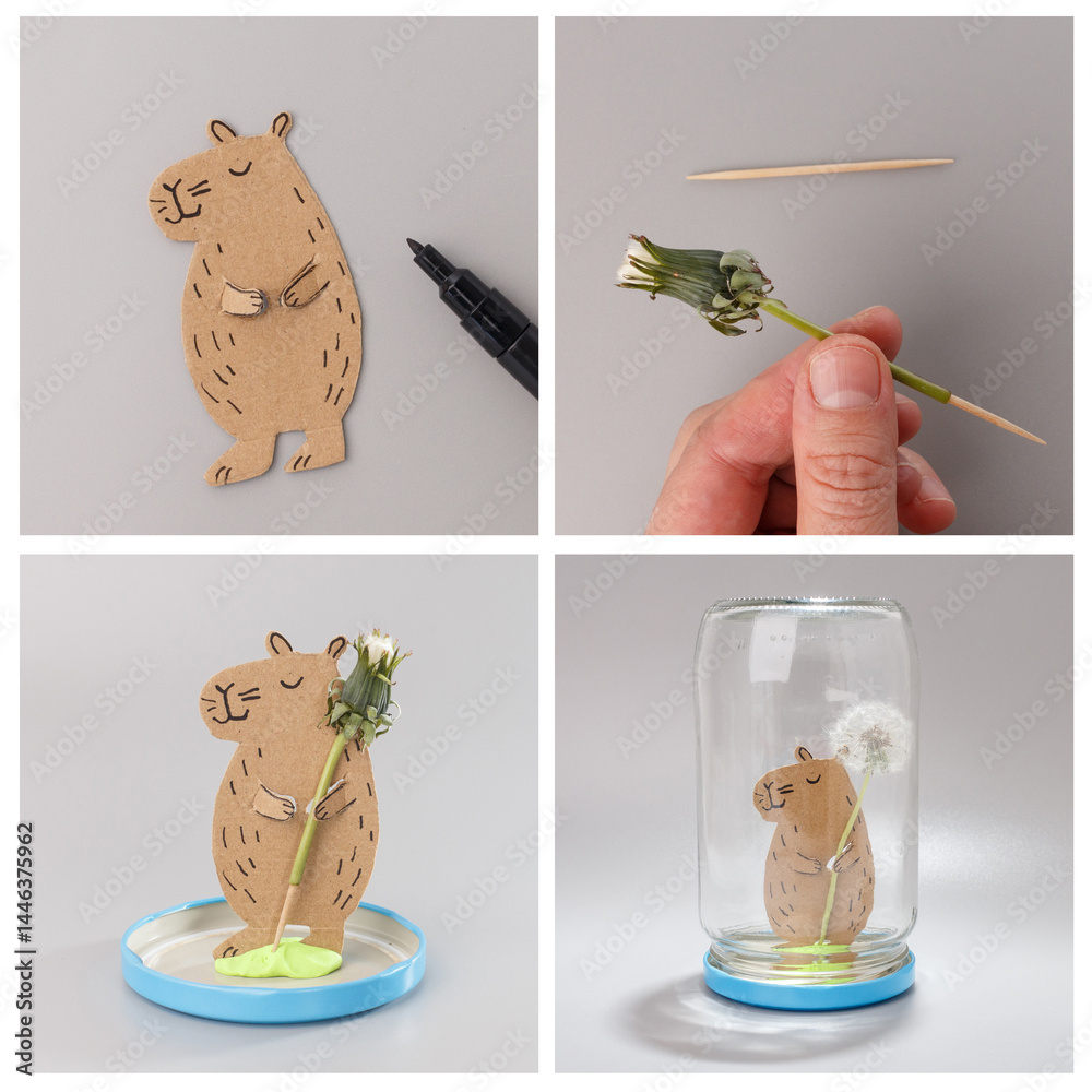 Poster Four-panel collage showing step-by-step handmade capybara craft ...