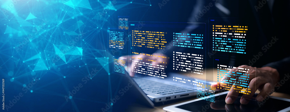 Software development concepts and programming for various devices. coding process. chart ...